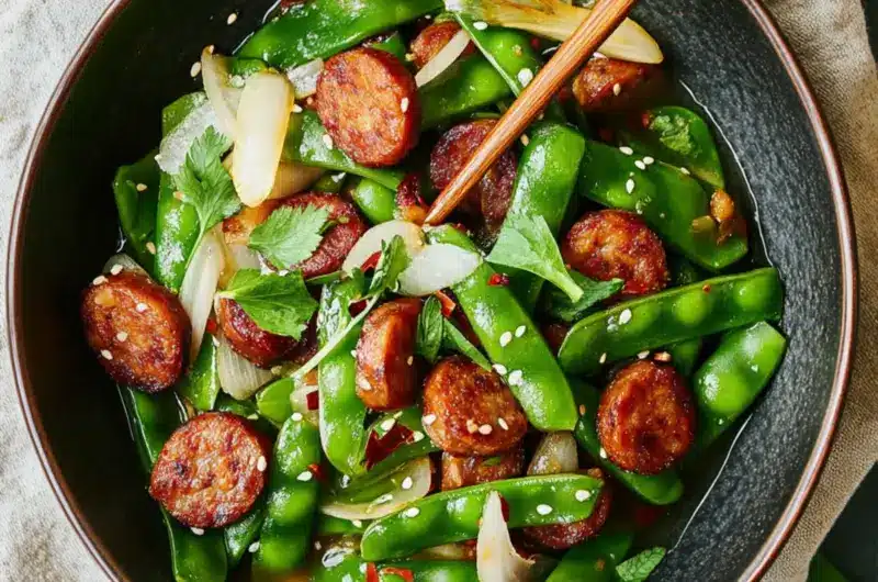 Irresistible Snow Peas with Chinese Sausage in 15 Minutes